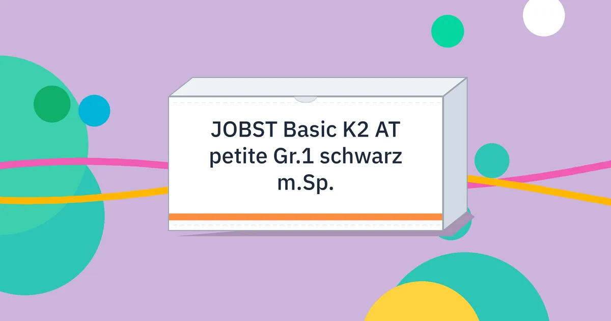 Symbolbild: Packung mit der Aufschrift JOBST Basic K2 AT petite Gr.1 schwarz m.Sp. (PZN 15311912) – Verfügbarkeit und Bezug in Apotheken in Frankfurt am Main