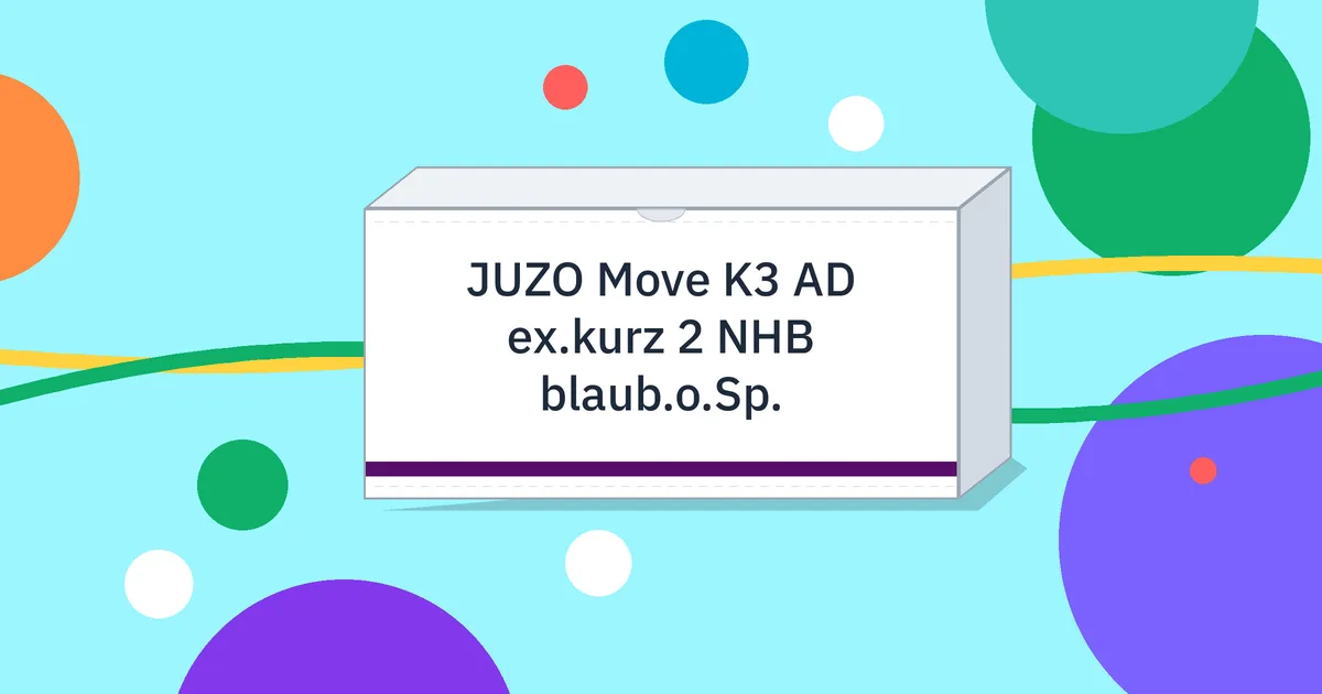Symbolbild: Packung mit der Aufschrift JUZO Move K3 AD ex.kurz 2 NHB blaub.o.Sp. (PZN 18574003) – Verfügbarkeit und Bezug in Apotheken in Frankfurt am Main