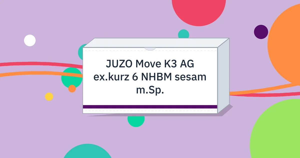 Symbolbild: Packung mit der Aufschrift JUZO Move K3 AG ex.kurz 6 NHBM sesam m.Sp. (PZN 18582764) – Verfügbarkeit und Bezug in Apotheken in Frankfurt am Main