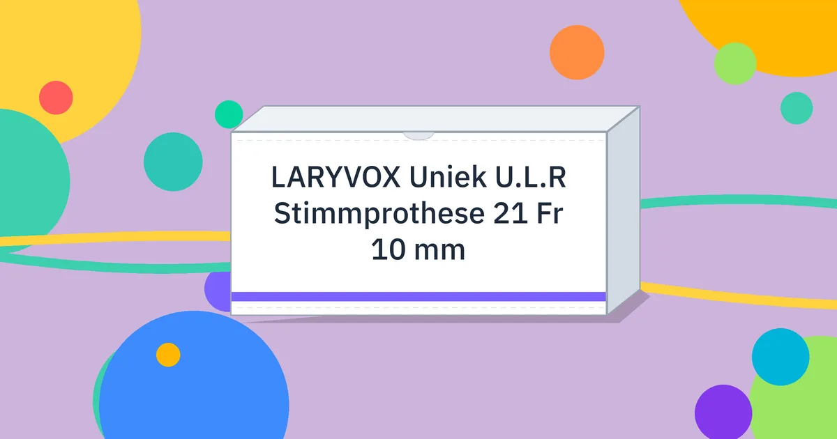 Symbolbild: Packung mit der Aufschrift LARYVOX Uniek U.L.R Stimmprothese 21 Fr 10 mm (PZN 18791344) – Verfügbarkeit und Bezug in Apotheken in Frankfurt am Main
