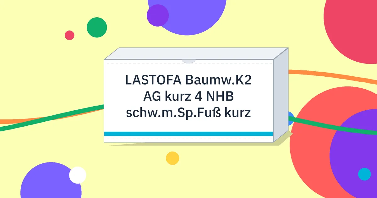 Symbolbild: Packung mit der Aufschrift LASTOFA Baumw.K2 AG kurz 4 NHB schw.m.Sp.Fuß kurz (PZN 01948161) – Verfügbarkeit und Bezug in Apotheken in Frankfurt am Main