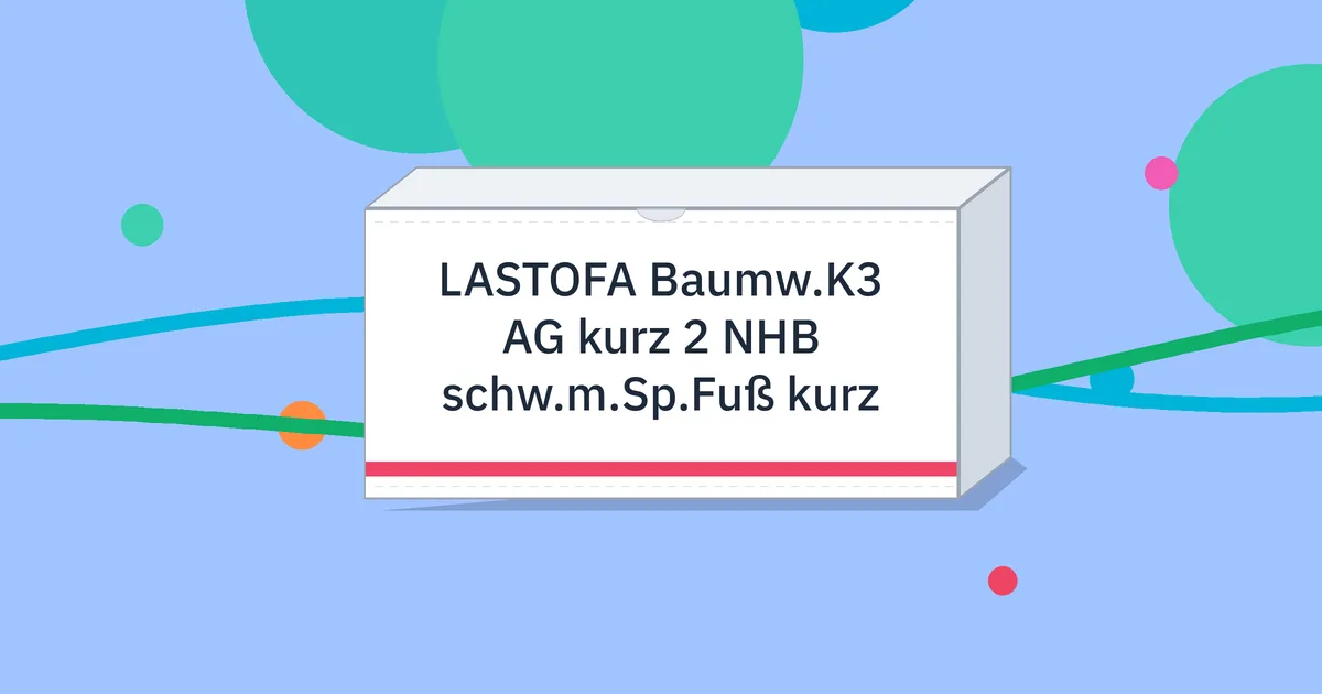 Symbolbild: Packung mit der Aufschrift LASTOFA Baumw.K3 AG kurz 2 NHB schw.m.Sp.Fuß kurz (PZN 01955623) – Verfügbarkeit und Bezug in Apotheken in Frankfurt am Main