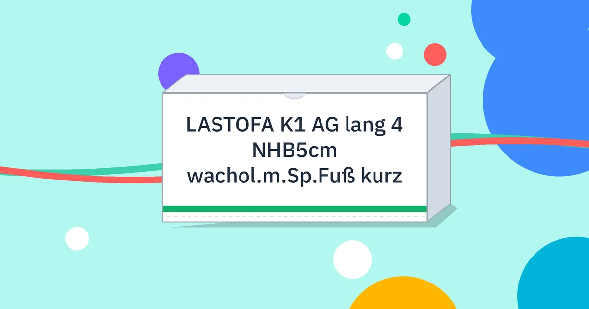 Symbolbild: Packung mit der Aufschrift LASTOFA K1 AG lang 4 NHB5cm wachol.m.Sp.Fuß kurz (PZN 13792126) – Verfügbarkeit und Bezug in Apotheken in Frankfurt am Main