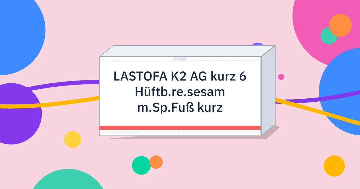 Symbolbild: Packung mit der Aufschrift LASTOFA K2 AG kurz 6 Hüftb.re.sesam m.Sp.Fuß kurz (PZN 13812395) – Verfügbarkeit und Bezug in Apotheken in Frankfurt am Main