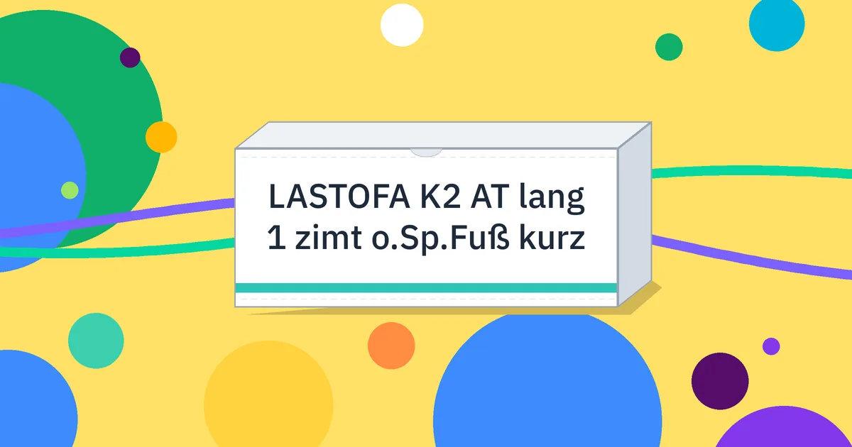 Symbolbild: Packung mit der Aufschrift LASTOFA K2 AT lang 1 zimt o.Sp.Fuß kurz (PZN 13808241) – Verfügbarkeit und Bezug in Apotheken in Frankfurt am Main
