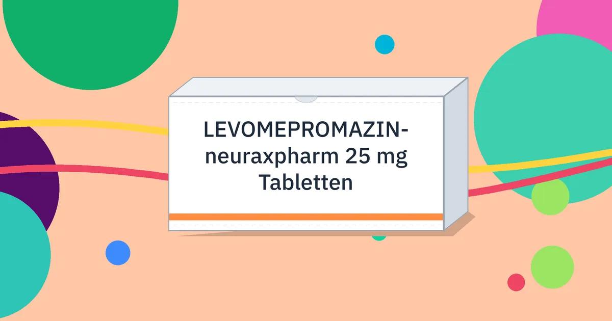 Symbolbild: Packung mit der Aufschrift LEVOMEPROMAZIN-neuraxpharm 25 mg Tabletten (PZN 03221026) – Verfügbarkeit und Bezug in Apotheken in Frankfurt am Main