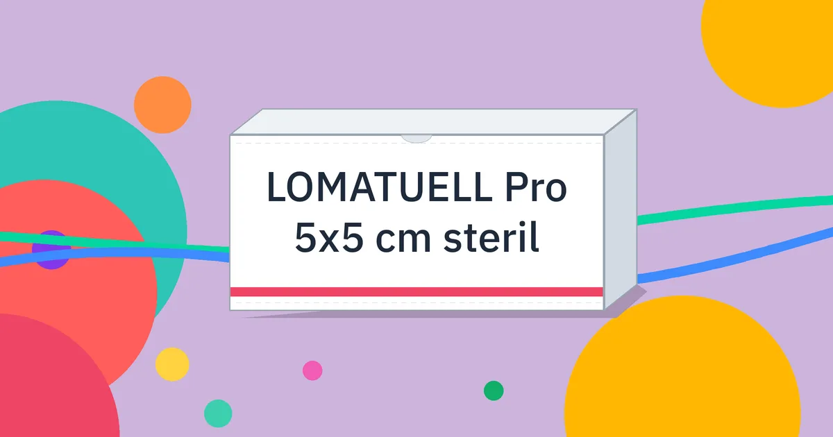 Symbolbild: Packung mit der Aufschrift LOMATUELL Pro 5x5 cm steril (PZN 15660328) – Verfügbarkeit und Bezug in Apotheken in Frankfurt am Main