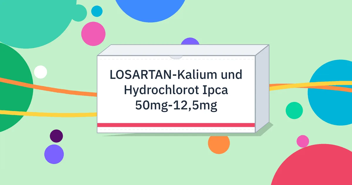 Symbolbild: Packung mit der Aufschrift LOSARTAN-Kalium und Hydrochlorot Ipca 50mg-12,5mg (PZN 19744430) – Verfügbarkeit und Bezug in Apotheken in Frankfurt am Main
