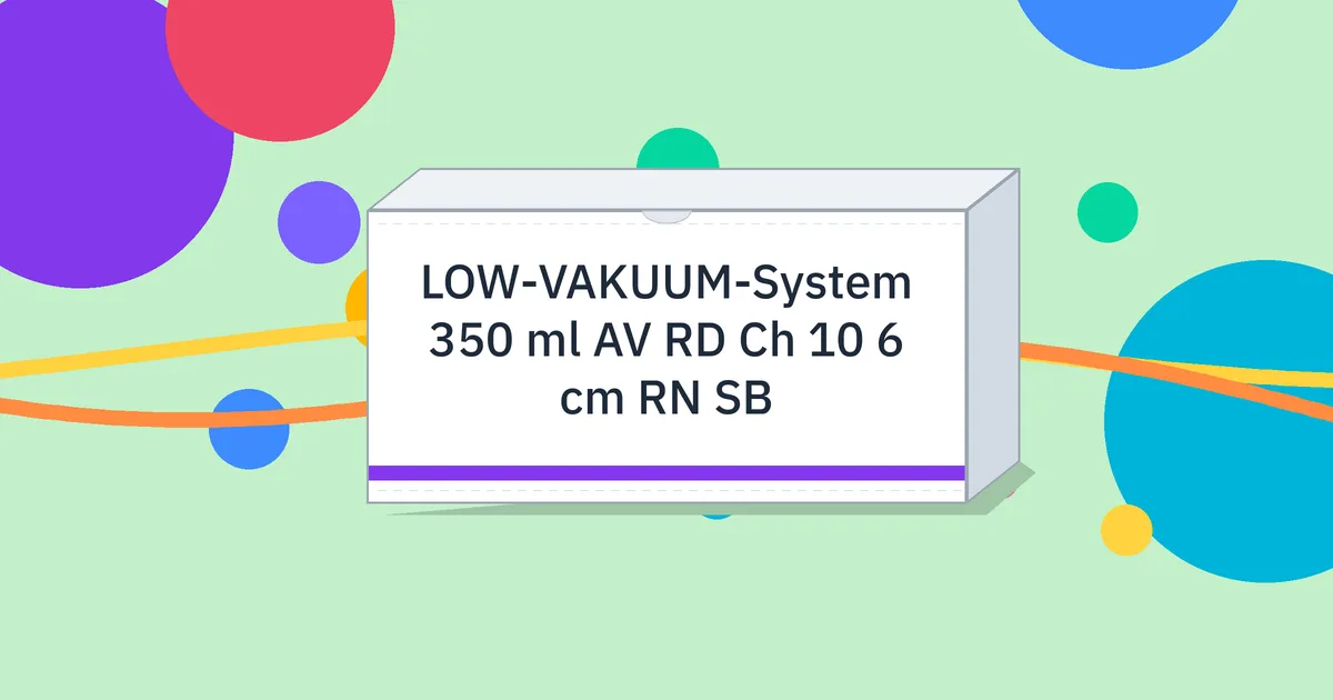 Symbolbild: Packung mit der Aufschrift LOW-VAKUUM-System 350 ml AV RD Ch 10 6 cm RN SB (PZN 17486202) – Verfügbarkeit und Bezug in Apotheken in Frankfurt am Main