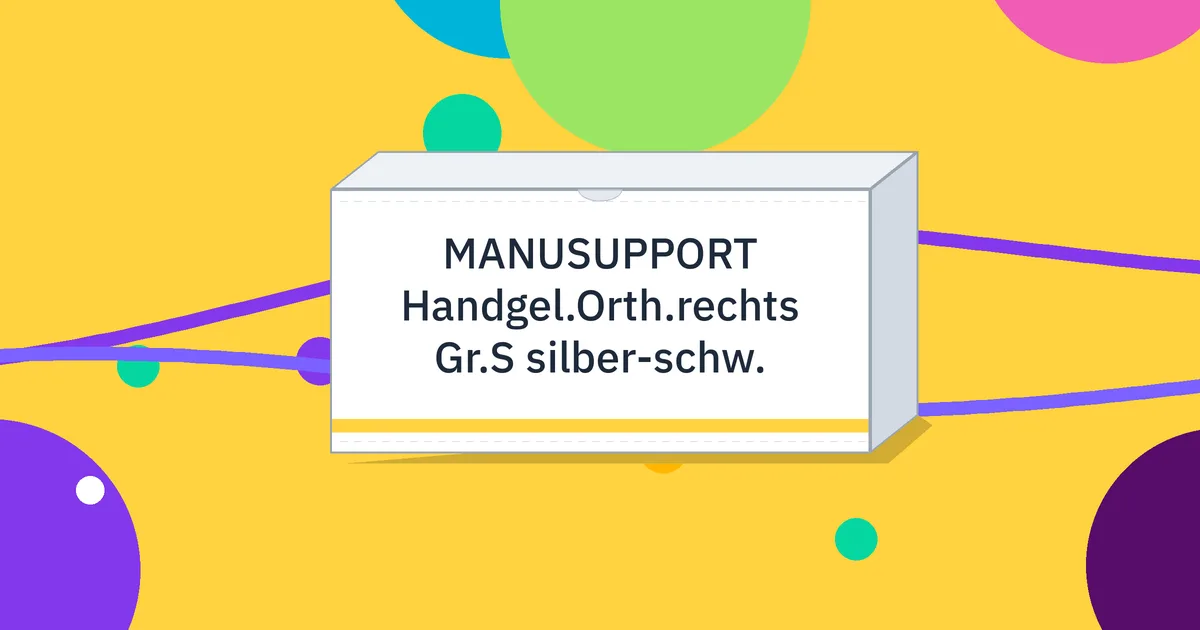 Symbolbild: Packung mit der Aufschrift MANUSUPPORT Handgel.Orth.rechts Gr.S silber-schw. (PZN 11097008) – Verfügbarkeit und Bezug in Apotheken in Frankfurt am Main