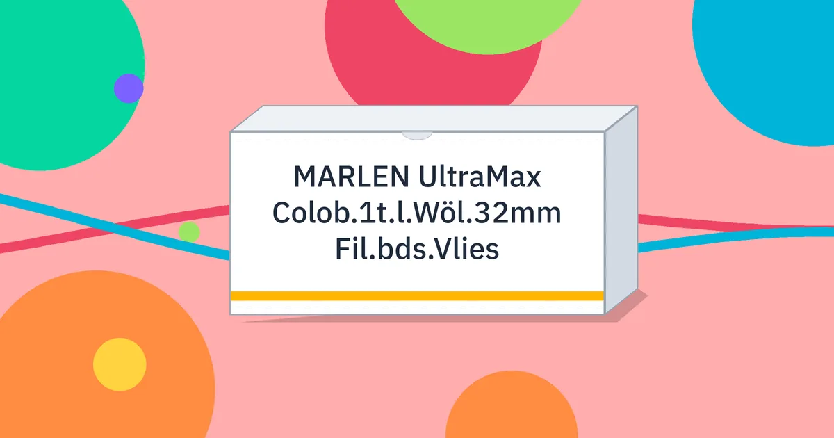 Symbolbild: Packung mit der Aufschrift MARLEN UltraMax Colob.1t.l.Wöl.32mm Fil.bds.Vlies (PZN 00625214) – Verfügbarkeit und Bezug in Apotheken in Frankfurt am Main