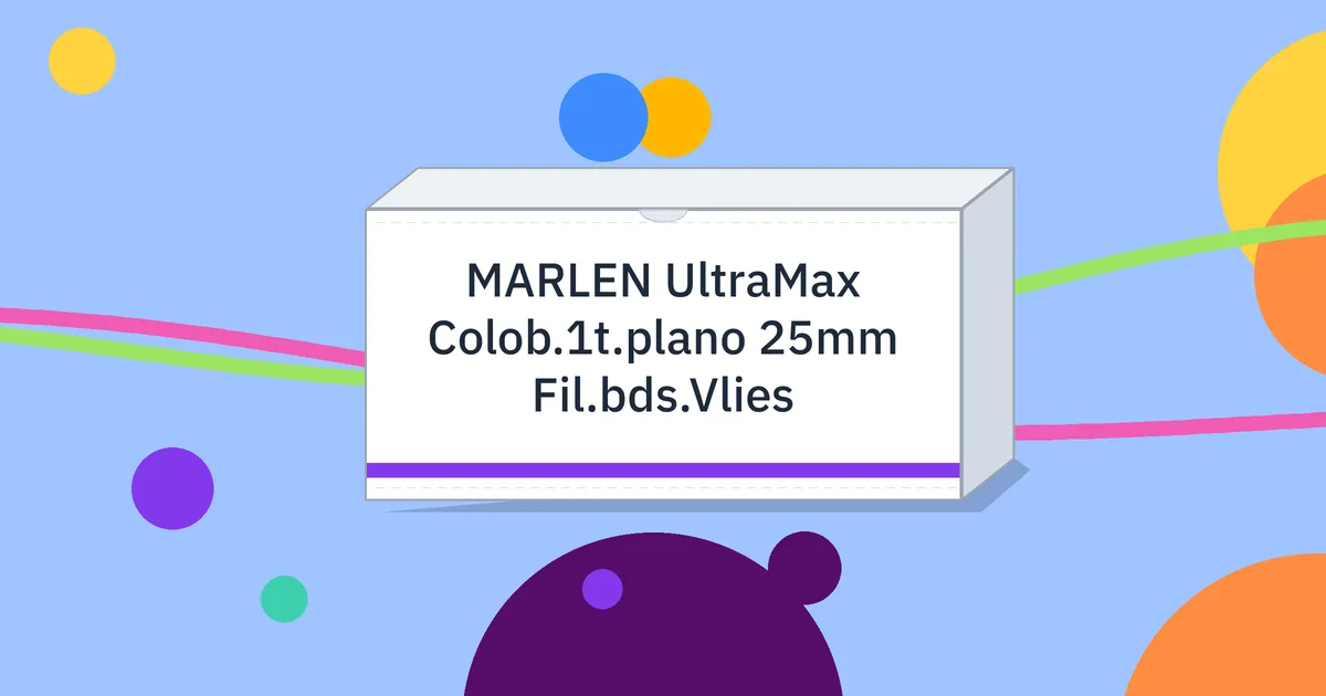 Symbolbild: Packung mit der Aufschrift MARLEN UltraMax Colob.1t.plano 25mm Fil.bds.Vlies (PZN 00625071) – Verfügbarkeit und Bezug in Apotheken in Frankfurt am Main