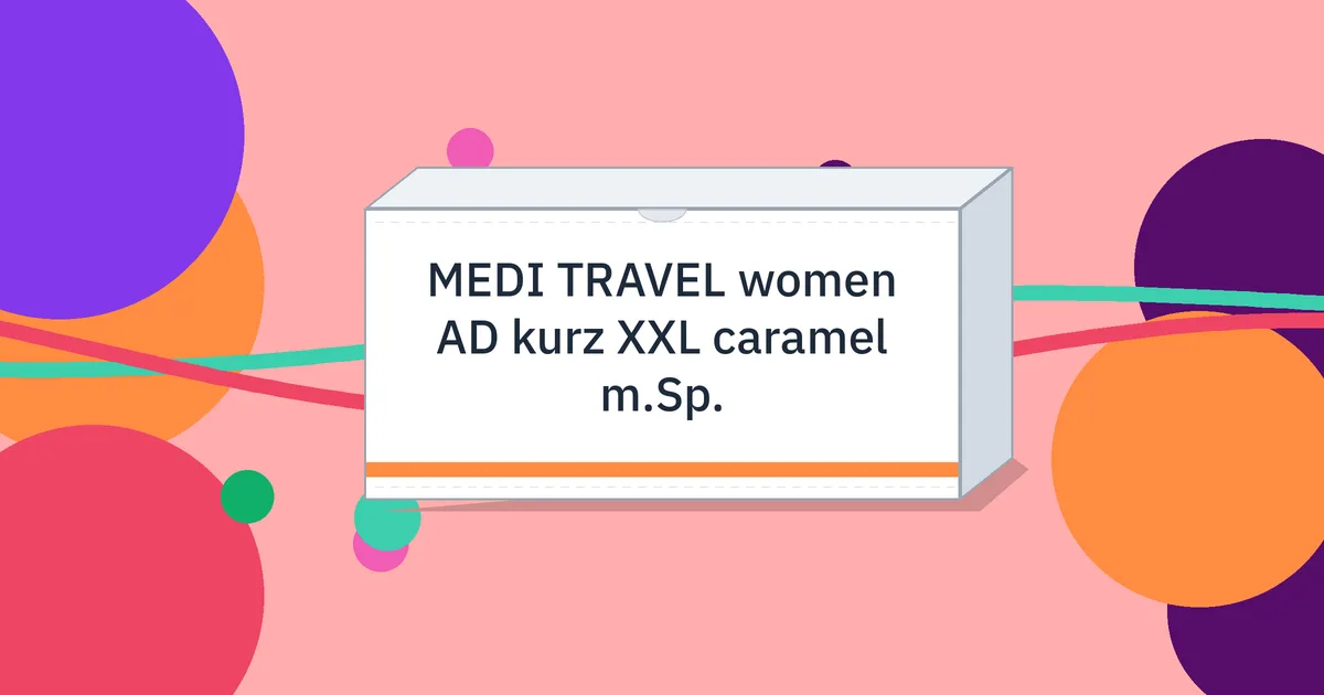 Symbolbild: Packung mit der Aufschrift MEDI TRAVEL women AD kurz XXL caramel m.Sp. (PZN 15198054) – Verfügbarkeit und Bezug in Apotheken in Frankfurt am Main