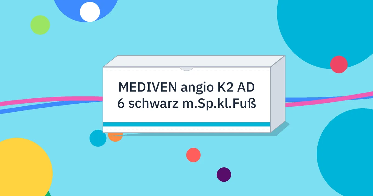 Symbolbild: Packung mit der Aufschrift MEDIVEN angio K2 AD 6 schwarz m.Sp.kl.Fuß (PZN 17210813) – Verfügbarkeit und Bezug in Apotheken in Frankfurt am Main