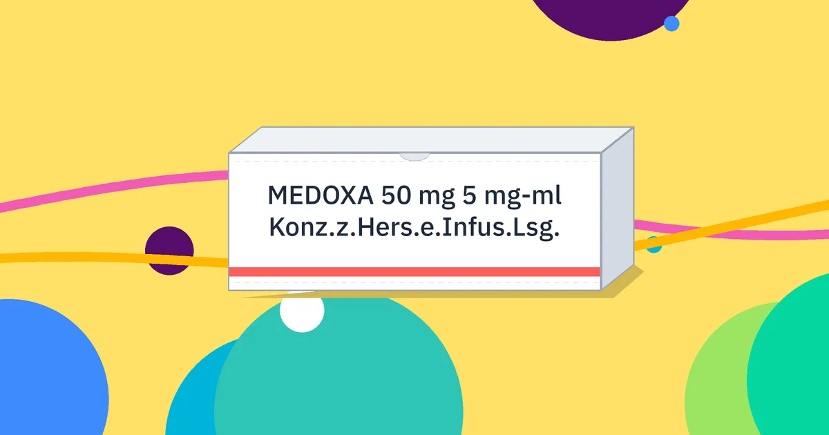 Symbolbild: Packung mit der Aufschrift MEDOXA 50 mg 5 mg-ml Konz.z.Hers.e.Infus.Lsg. (PZN 07019327) – Verfügbarkeit und Bezug in Apotheken in Frankfurt am Main