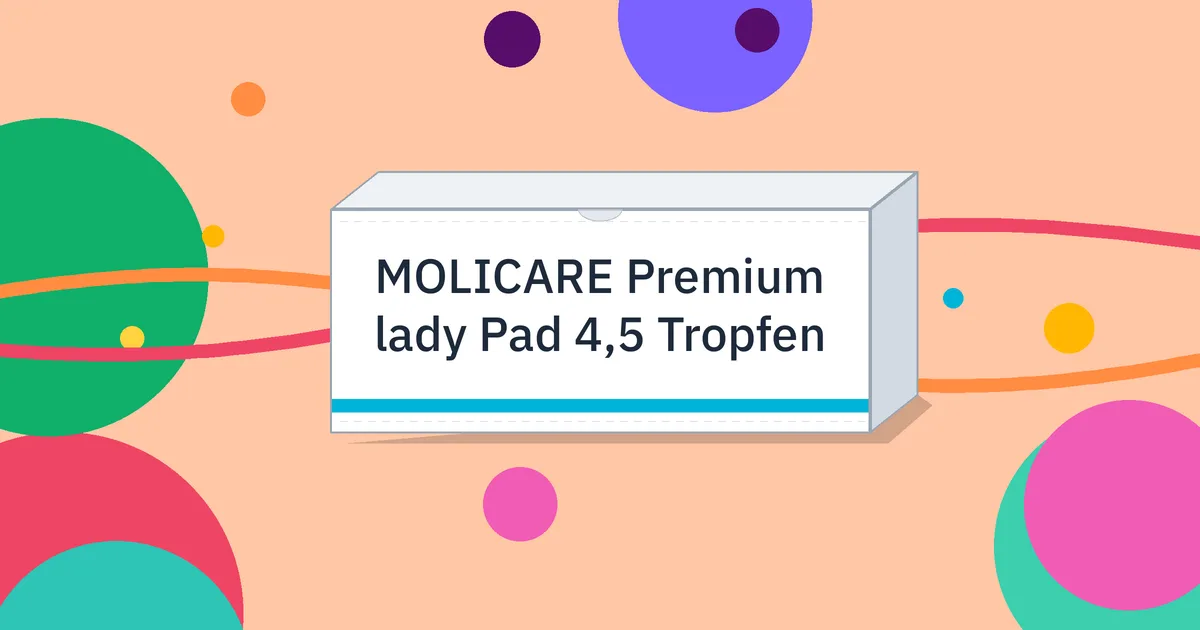 Symbolbild: Packung mit der Aufschrift MOLICARE Premium lady Pad 4,5 Tropfen (PZN 13982418) – Verfügbarkeit und Bezug in Apotheken in Frankfurt am Main