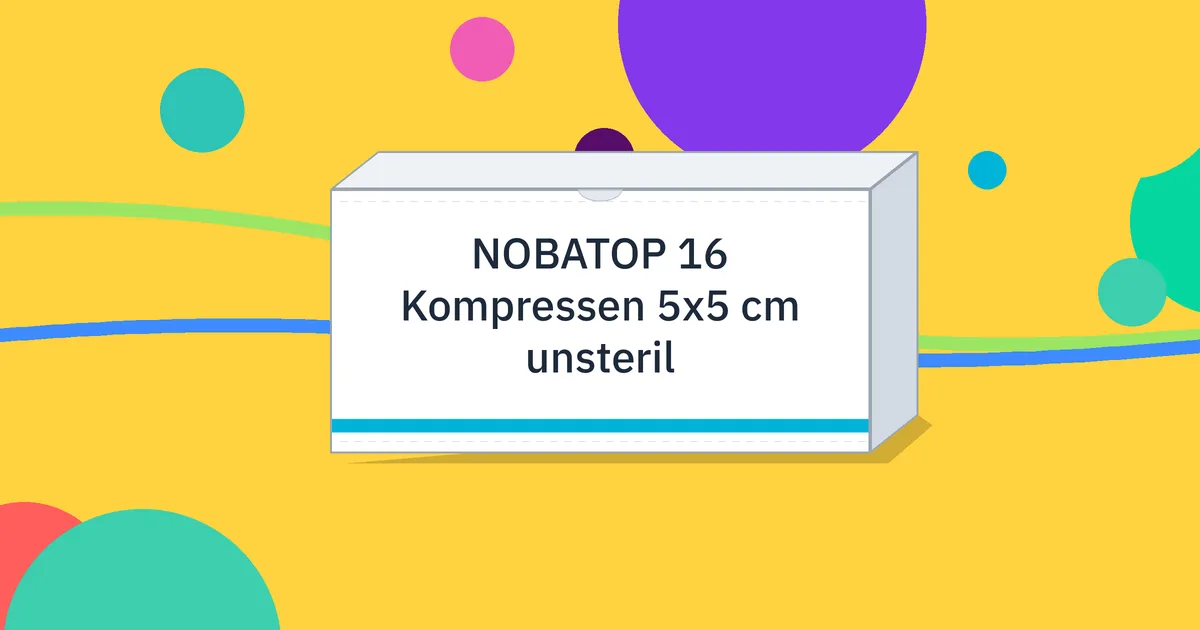Symbolbild: Packung mit der Aufschrift NOBATOP 16 Kompressen 5x5 cm unsteril (PZN 07099438) – Verfügbarkeit und Bezug in Apotheken in Frankfurt am Main