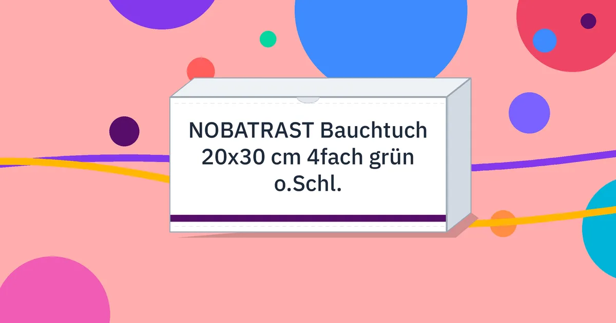 Symbolbild: Packung mit der Aufschrift NOBATRAST Bauchtuch 20x30 cm 4fach grün o.Schl. (PZN 14371467) – Verfügbarkeit und Bezug in Apotheken in Frankfurt am Main