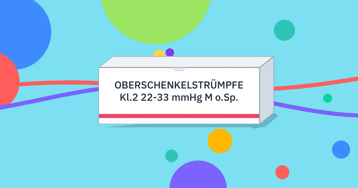 Symbolbild: Packung mit der Aufschrift OBERSCHENKELSTRÜMPFE Kl.2 22-33 mmHg M o.Sp. (PZN 19072551) – Verfügbarkeit und Bezug in Apotheken in Frankfurt am Main