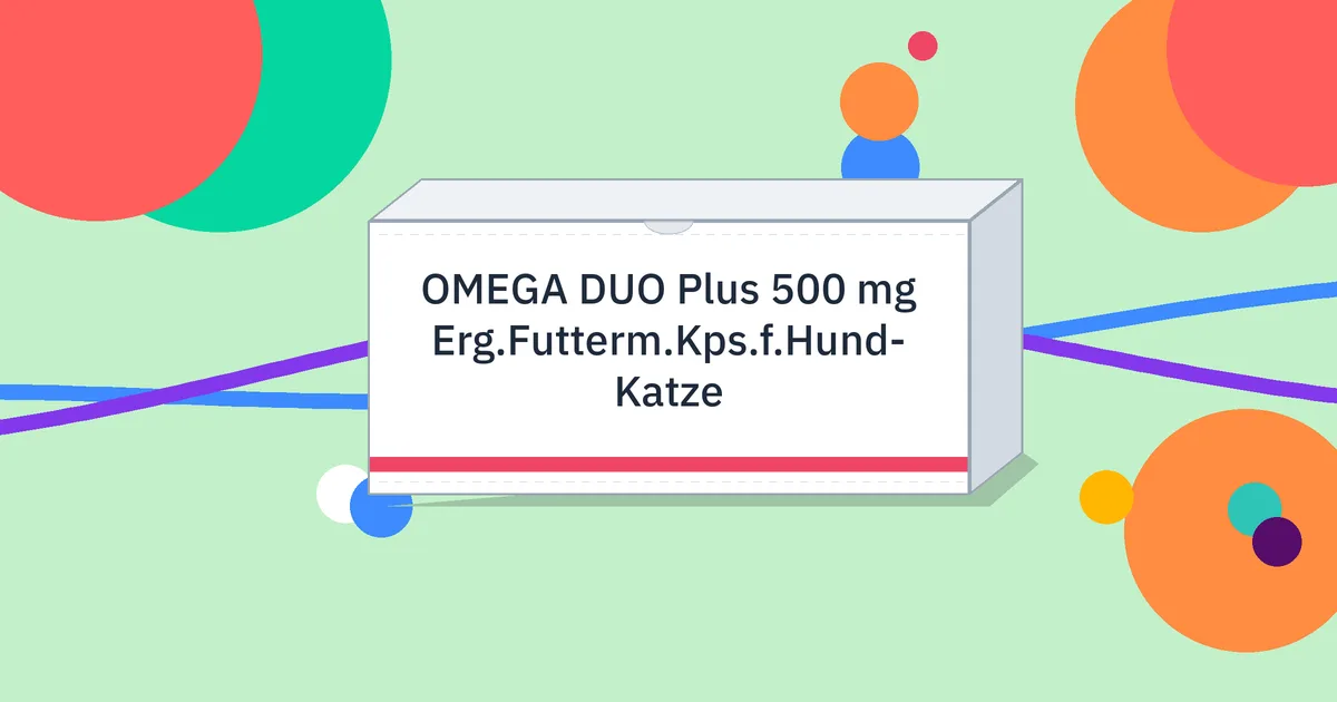Symbolbild: Packung mit der Aufschrift OMEGA DUO Plus 500 mg Erg.Futterm.Kps.f.Hund-Katze (PZN 19647307) – Verfügbarkeit und Bezug in Apotheken in Frankfurt am Main