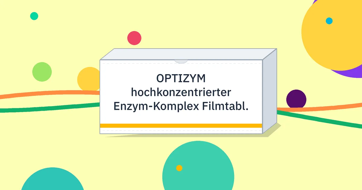 Symbolbild: Packung mit der Aufschrift OPTIZYM hochkonzentrierter Enzym-Komplex Filmtabl. (PZN 13879979) – Verfügbarkeit und Bezug in Apotheken in Frankfurt am Main