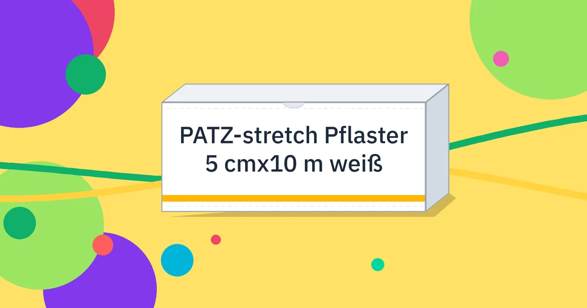 Symbolbild: Packung mit der Aufschrift PATZ-stretch Pflaster 5 cmx10 m weiß (PZN 06813431) – Verfügbarkeit und Bezug in Apotheken in Frankfurt am Main