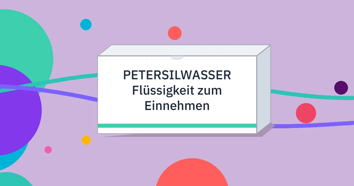 Symbolbild: Packung mit der Aufschrift PETERSILWASSER Flüssigkeit zum Einnehmen (PZN 15401466) – Verfügbarkeit und Bezug in Apotheken in Frankfurt am Main
