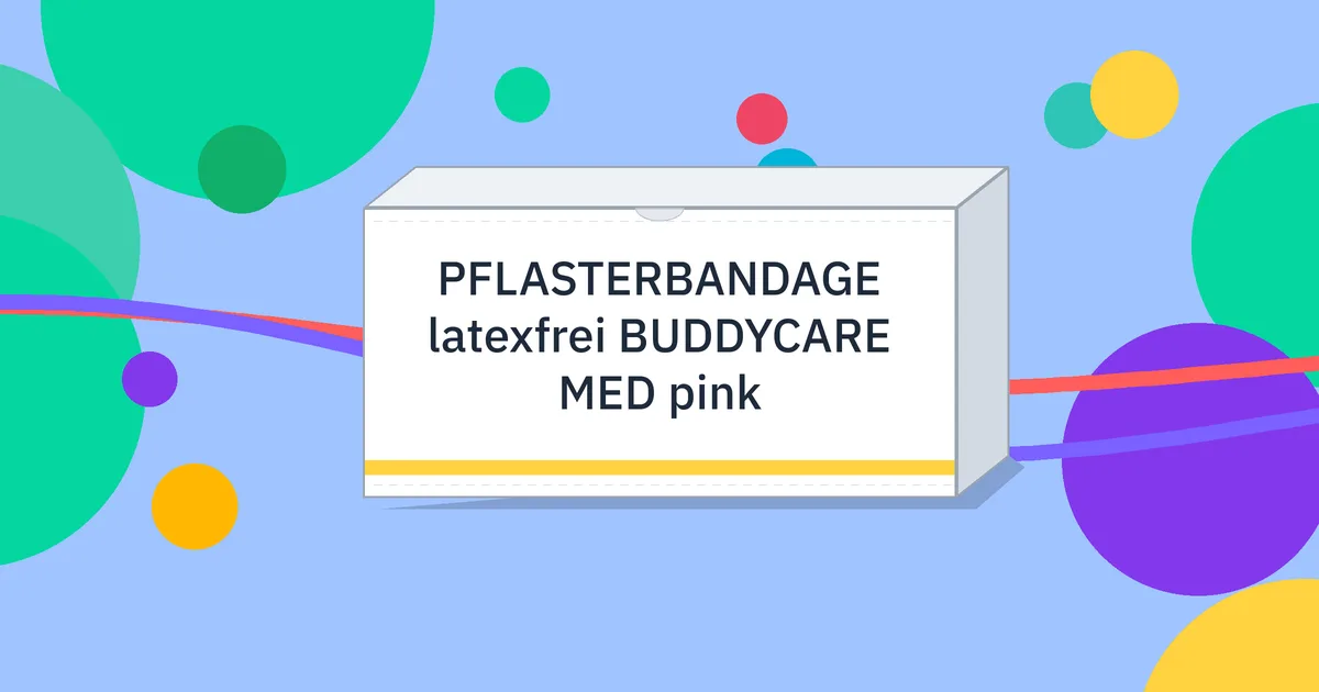 Symbolbild: Packung mit der Aufschrift PFLASTERBANDAGE latexfrei BUDDYCARE MED pink (PZN 16502608) – Verfügbarkeit und Bezug in Apotheken in Frankfurt am Main