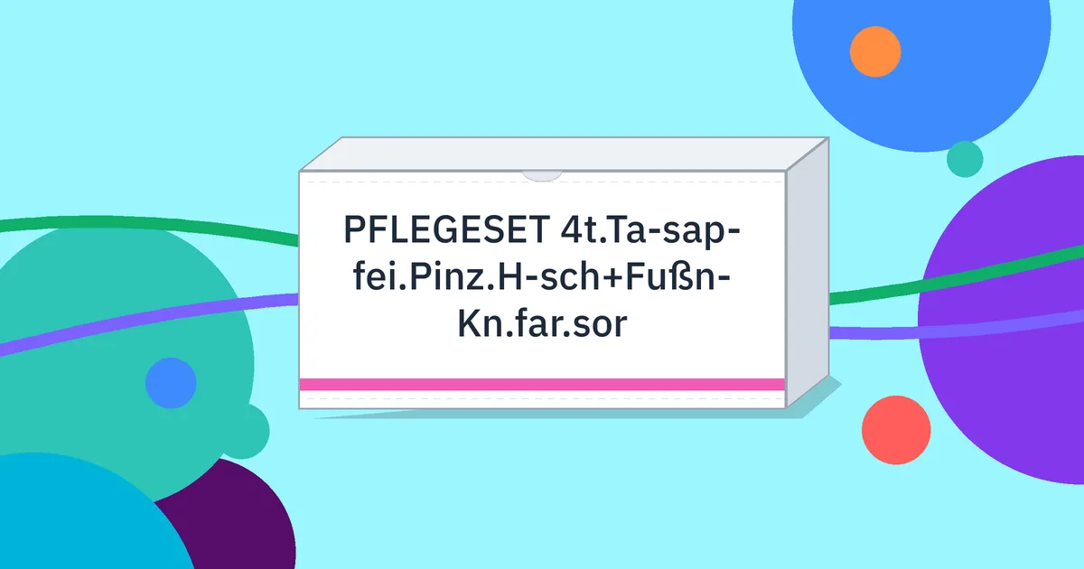 Symbolbild: Packung mit der Aufschrift PFLEGESET 4t.Ta-sap-fei.Pinz.H-sch+Fußn-Kn.far.sor (PZN 14155462) – Verfügbarkeit und Bezug in Apotheken in Frankfurt am Main