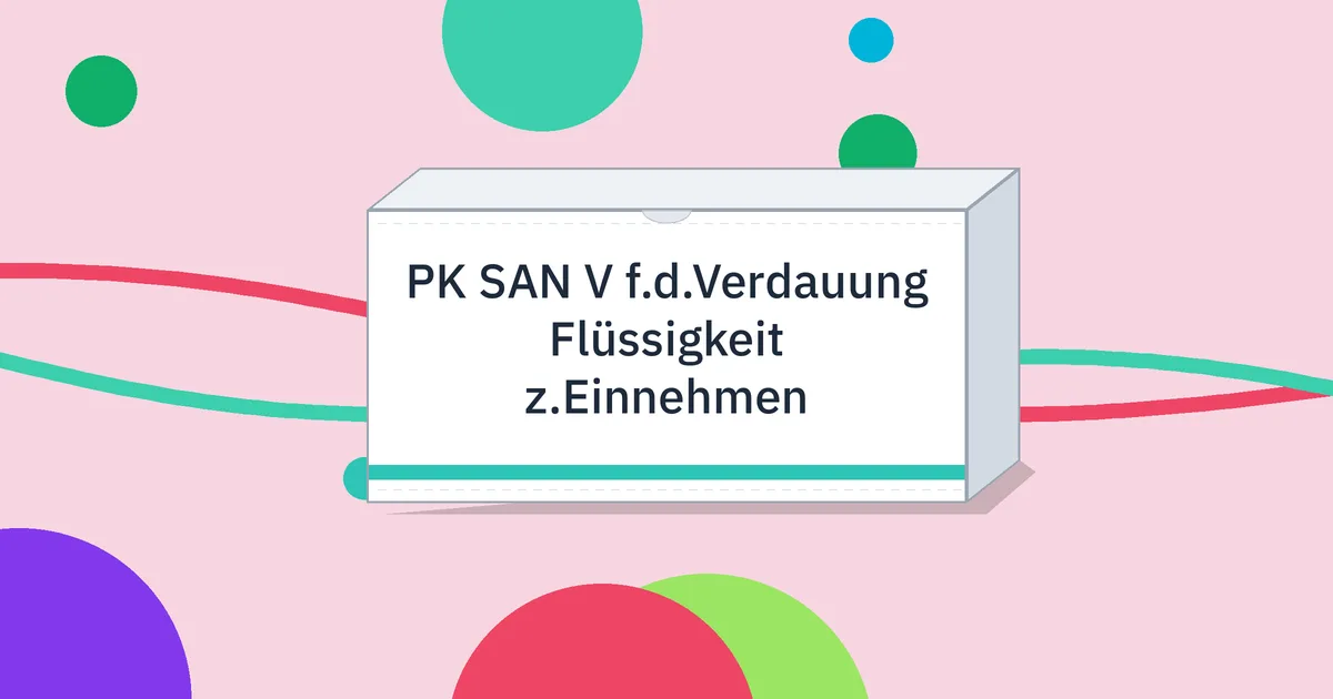 Symbolbild: Packung mit der Aufschrift PK SAN V f.d.Verdauung Flüssigkeit z.Einnehmen (PZN 12535947) – Verfügbarkeit und Bezug in Apotheken in Frankfurt am Main