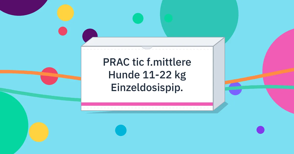 Symbolbild: Packung mit der Aufschrift PRAC tic f.mittlere Hunde 11-22 kg Einzeldosispip. (PZN 03935659) – Verfügbarkeit und Bezug in Apotheken in Frankfurt am Main