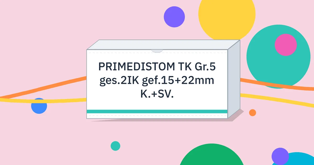 Symbolbild: Packung mit der Aufschrift PRIMEDISTOM TK Gr.5 ges.2IK gef.15+22mm K.+SV. (PZN 10928312) – Verfügbarkeit und Bezug in Apotheken in Frankfurt am Main