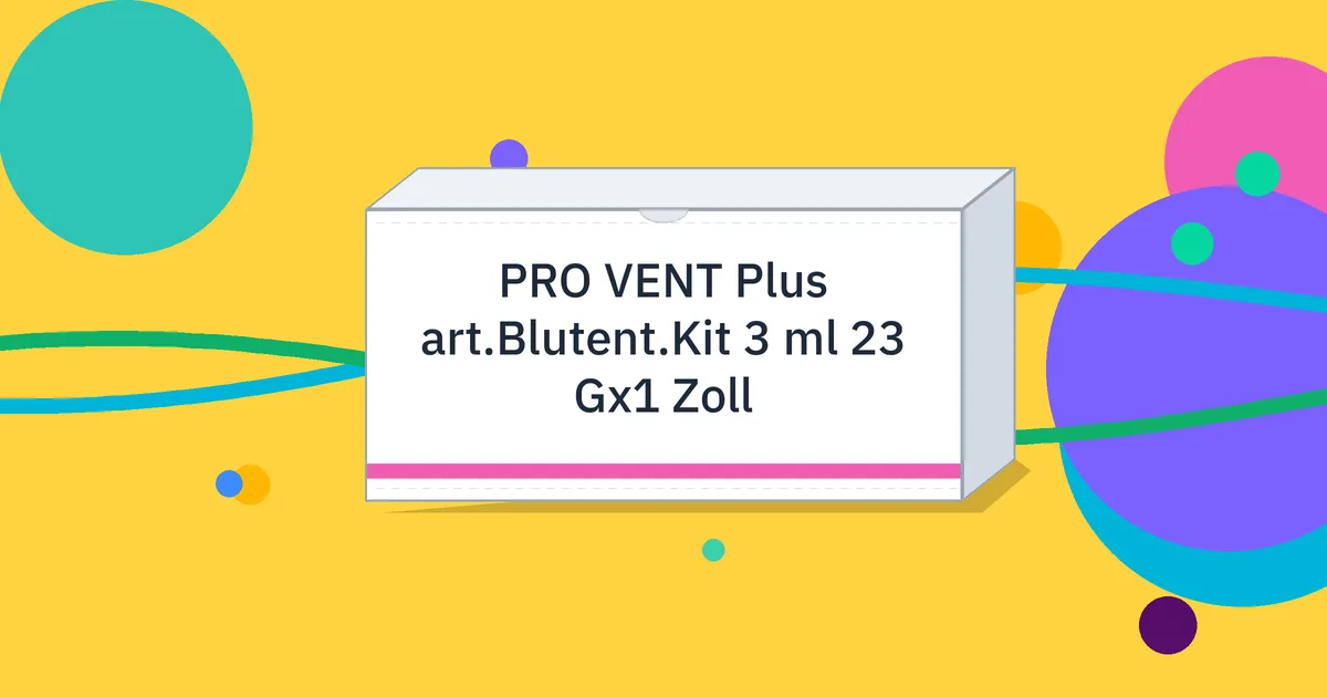Symbolbild: Packung mit der Aufschrift PRO VENT Plus art.Blutent.Kit 3 ml 23 Gx1 Zoll (PZN 09218195) – Verfügbarkeit und Bezug in Apotheken in Frankfurt am Main