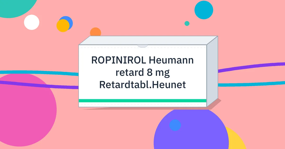 Symbolbild: Packung mit der Aufschrift ROPINIROL Heumann retard 8 mg Retardtabl.Heunet (PZN 16198547) – Verfügbarkeit und Bezug in Apotheken in Frankfurt am Main