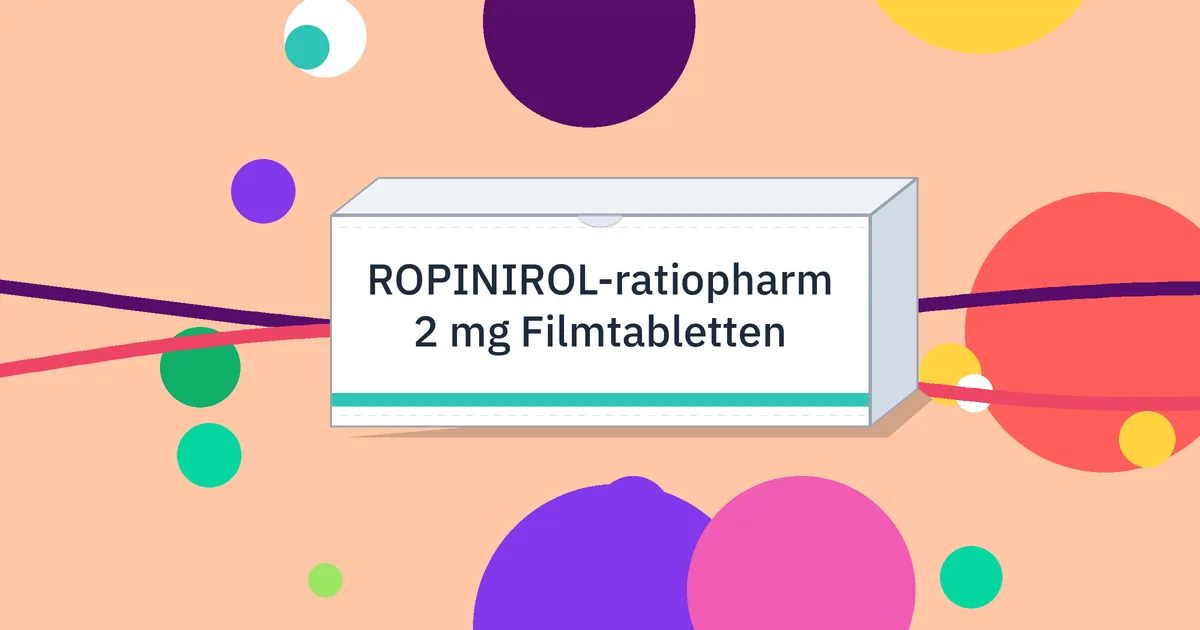 Symbolbild: Packung mit der Aufschrift ROPINIROL-ratiopharm 2 mg Filmtabletten (PZN 03391745) – Verfügbarkeit und Bezug in Apotheken in Frankfurt am Main