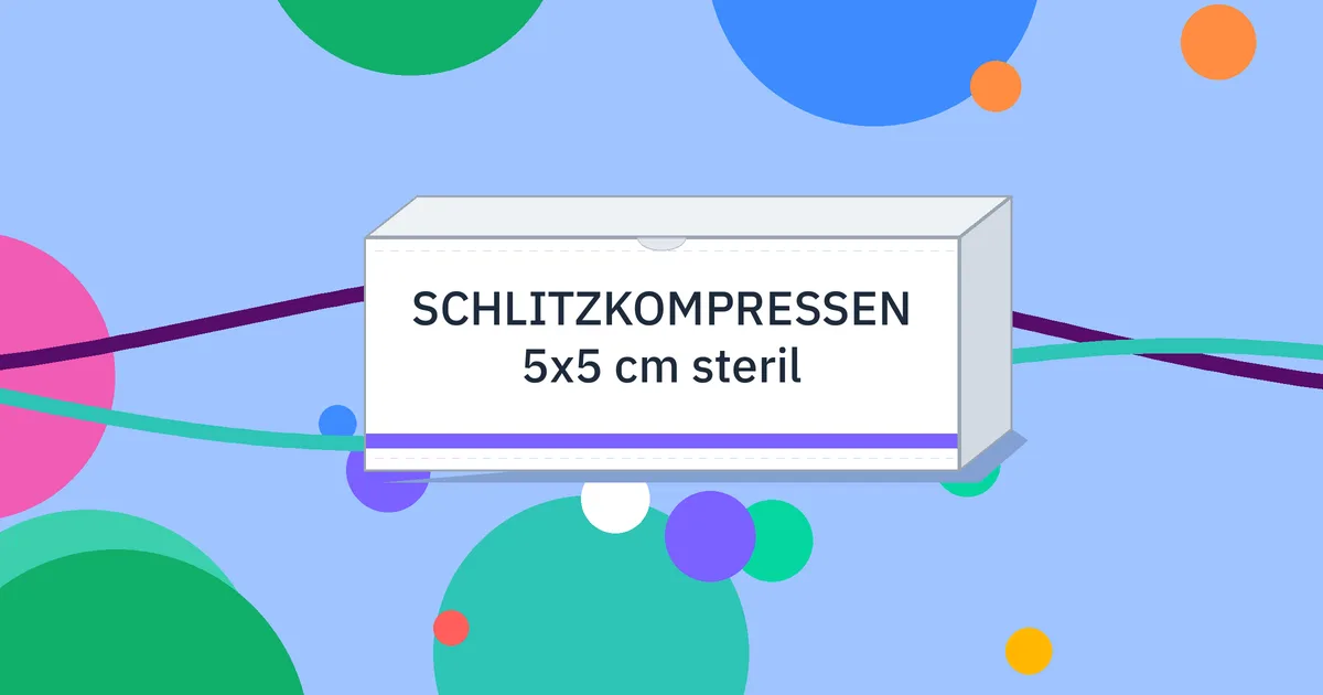 Symbolbild: Packung mit der Aufschrift SCHLITZKOMPRESSEN 5x5 cm steril (PZN 19918798) – Verfügbarkeit und Bezug in Apotheken in Frankfurt am Main