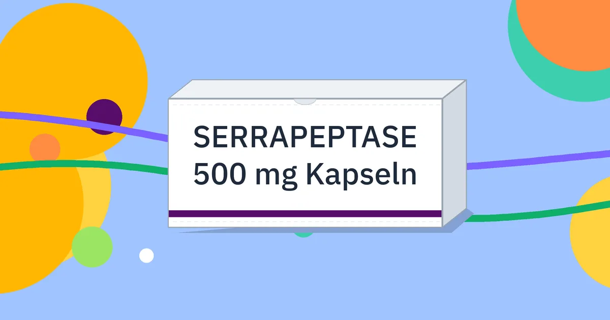 Symbolbild: Packung mit der Aufschrift SERRAPEPTASE 500 mg Kapseln (PZN 19815733) – Verfügbarkeit und Bezug in Apotheken in Frankfurt am Main