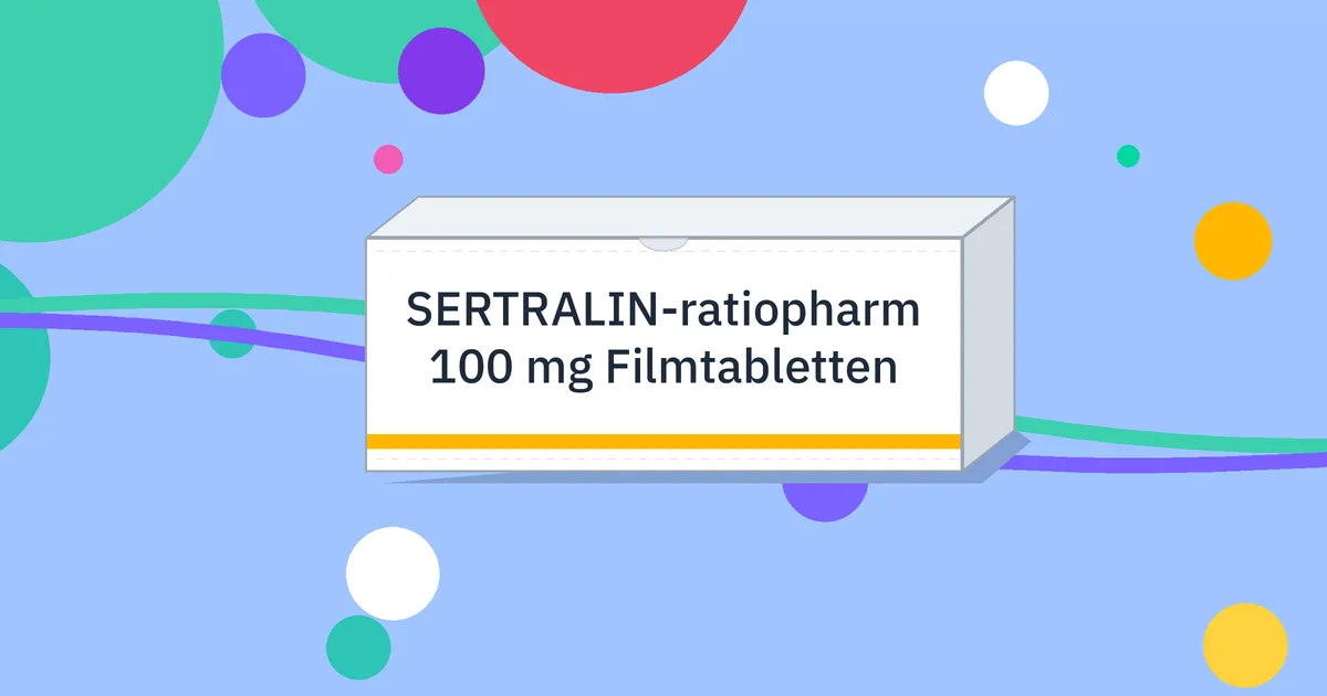 Symbolbild: Packung mit der Aufschrift SERTRALIN-ratiopharm 100 mg Filmtabletten (PZN 01054995) – Verfügbarkeit und Bezug in Apotheken in Frankfurt am Main