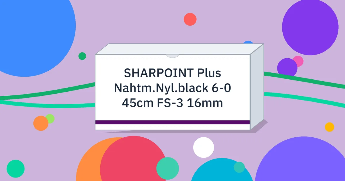 Symbolbild: Packung mit der Aufschrift SHARPOINT Plus Nahtm.Nyl.black 6-0 45cm FS-3 16mm (PZN 17984087) – Verfügbarkeit und Bezug in Apotheken in Frankfurt am Main
