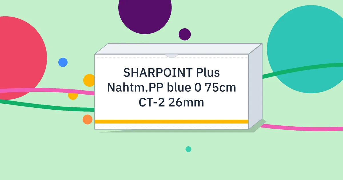 Symbolbild: Packung mit der Aufschrift SHARPOINT Plus Nahtm.PP blue 0 75cm CT-2 26mm (PZN 17985566) – Verfügbarkeit und Bezug in Apotheken in Frankfurt am Main