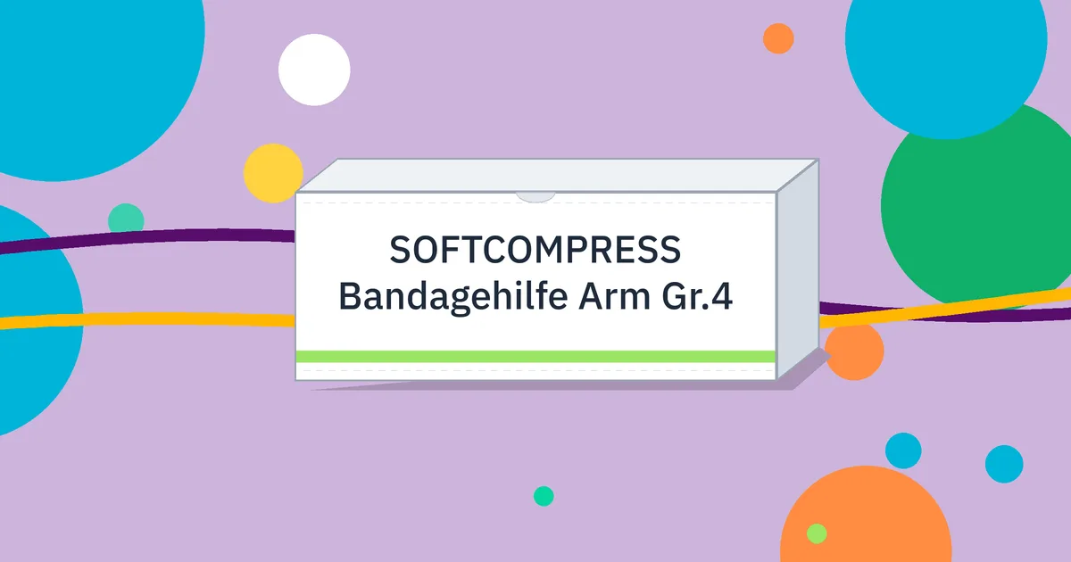 Symbolbild: Packung mit der Aufschrift SOFTCOMPRESS Bandagehilfe Arm Gr.4 (PZN 13505799) – Verfügbarkeit und Bezug in Apotheken in Frankfurt am Main
