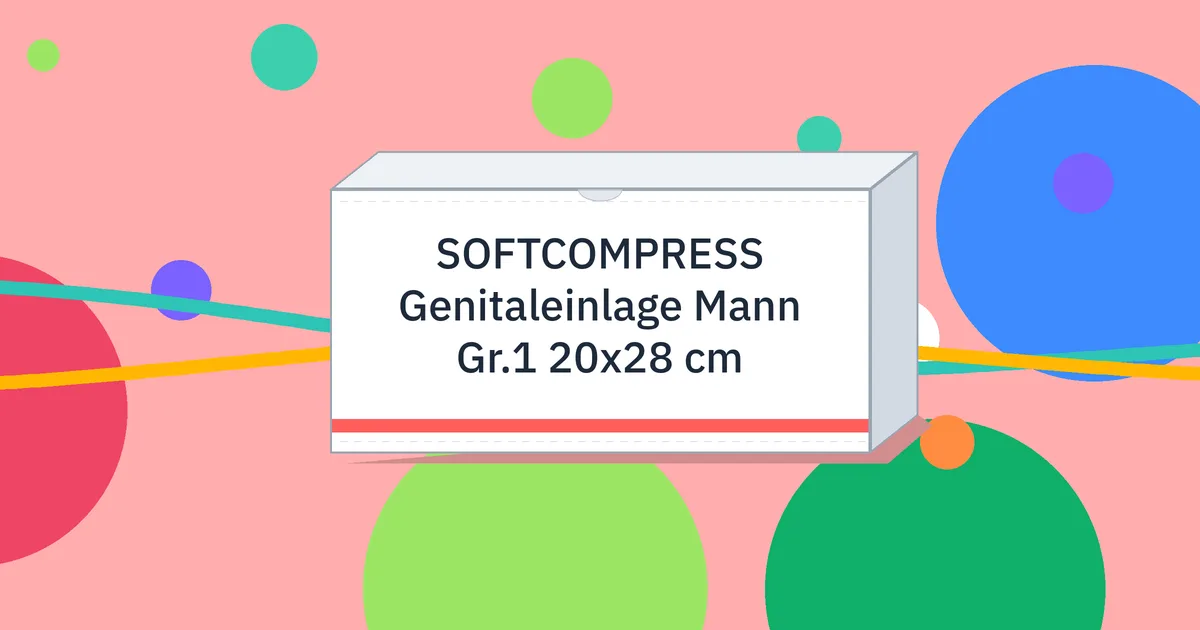 Symbolbild: Packung mit der Aufschrift SOFTCOMPRESS Genitaleinlage Mann Gr.1 20x28 cm (PZN 13505948) – Verfügbarkeit und Bezug in Apotheken in Frankfurt am Main