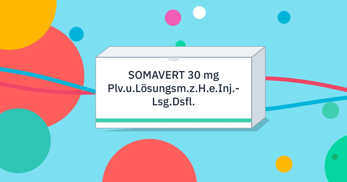 Symbolbild: Packung mit der Aufschrift SOMAVERT 30 mg Plv.u.Lösungsm.z.H.e.Inj.-Lsg.Dsfl. (PZN 16260625) – Verfügbarkeit und Bezug in Apotheken in Frankfurt am Main