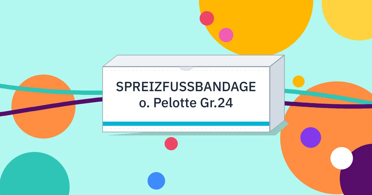 Symbolbild: Packung mit der Aufschrift SPREIZFUSSBANDAGE o. Pelotte Gr.24 (PZN 01736499) – Verfügbarkeit und Bezug in Apotheken in Frankfurt am Main