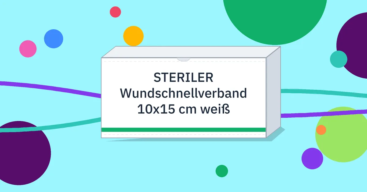 Symbolbild: Packung mit der Aufschrift STERILER Wundschnellverband 10x15 cm weiß (PZN 20032634) – Verfügbarkeit und Bezug in Apotheken in Frankfurt am Main
