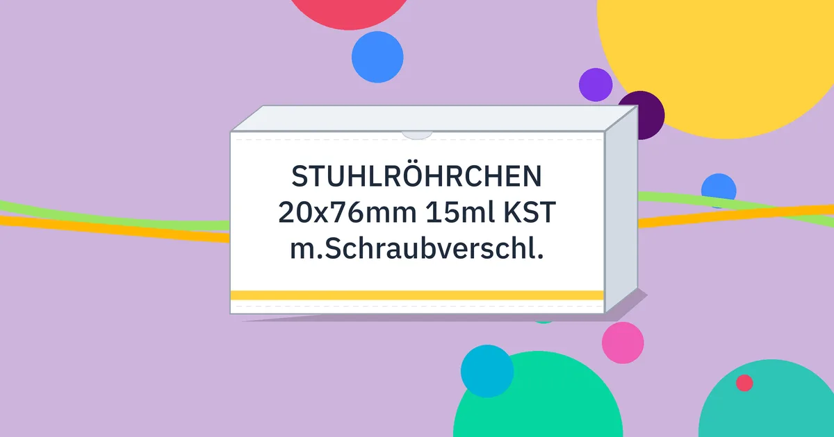Symbolbild: Packung mit der Aufschrift STUHLRÖHRCHEN 20x76mm 15ml KST m.Schraubverschl. (PZN 09729004) – Verfügbarkeit und Bezug in Apotheken in Frankfurt am Main