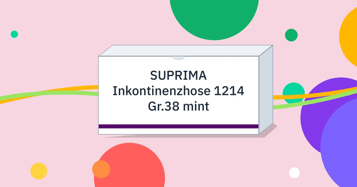 Symbolbild: Packung mit der Aufschrift SUPRIMA Inkontinenzhose 1214 Gr.38 mint (PZN 07633240) – Verfügbarkeit und Bezug in Apotheken in Frankfurt am Main