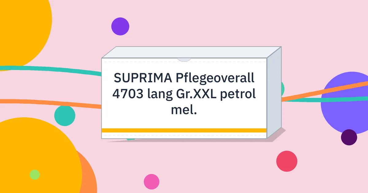 Symbolbild: Packung mit der Aufschrift SUPRIMA Pflegeoverall 4703 lang Gr.XXL petrol mel. (PZN 20189962) – Verfügbarkeit und Bezug in Apotheken in Frankfurt am Main