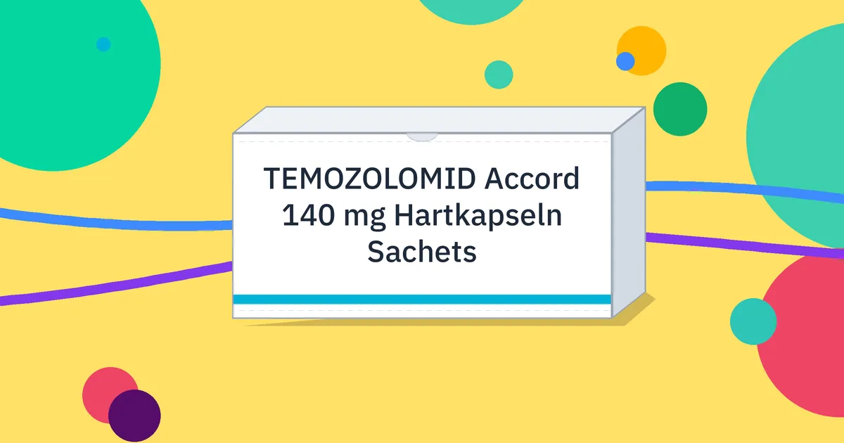 Symbolbild: Packung mit der Aufschrift TEMOZOLOMID Accord 140 mg Hartkapseln Sachets (PZN 15582284) – Verfügbarkeit und Bezug in Apotheken in Frankfurt am Main