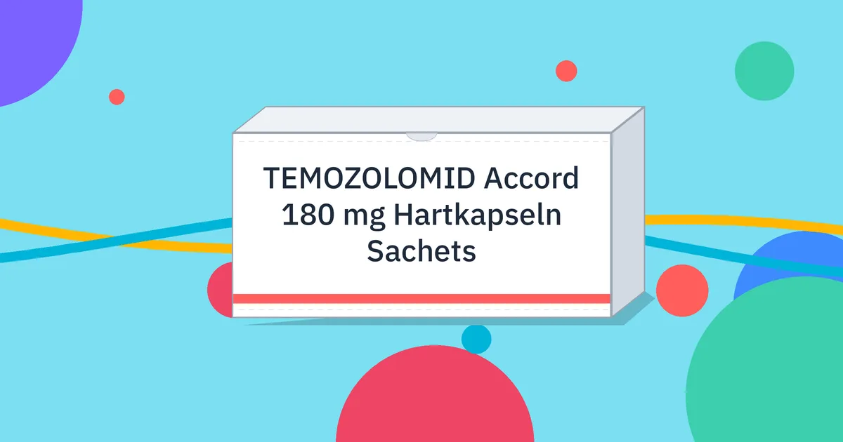 Symbolbild: Packung mit der Aufschrift TEMOZOLOMID Accord 180 mg Hartkapseln Sachets (PZN 16763154) – Verfügbarkeit und Bezug in Apotheken in Frankfurt am Main